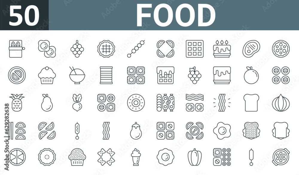 set of 50 outline web food icons such as canned food, fried egg, grapes ...