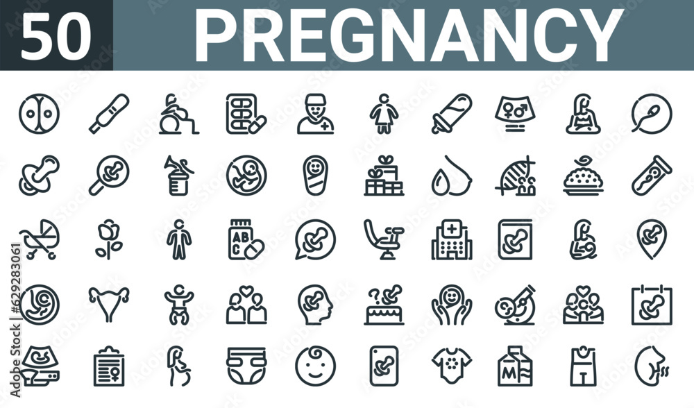 set of 50 outline web pregnancy icons such as cell division, pregnancy ...