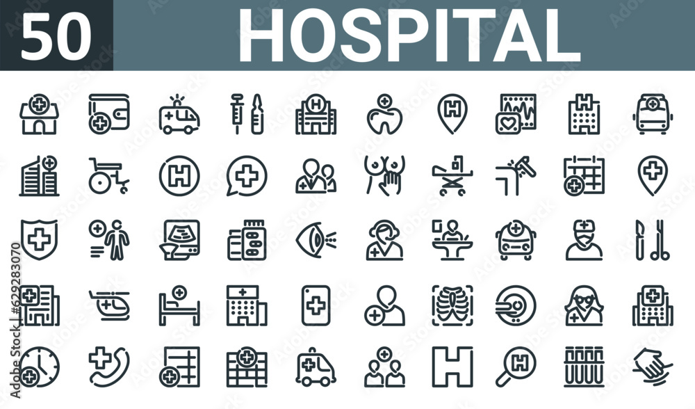 set of 50 outline web hospital icons such as hospital, wallet ...