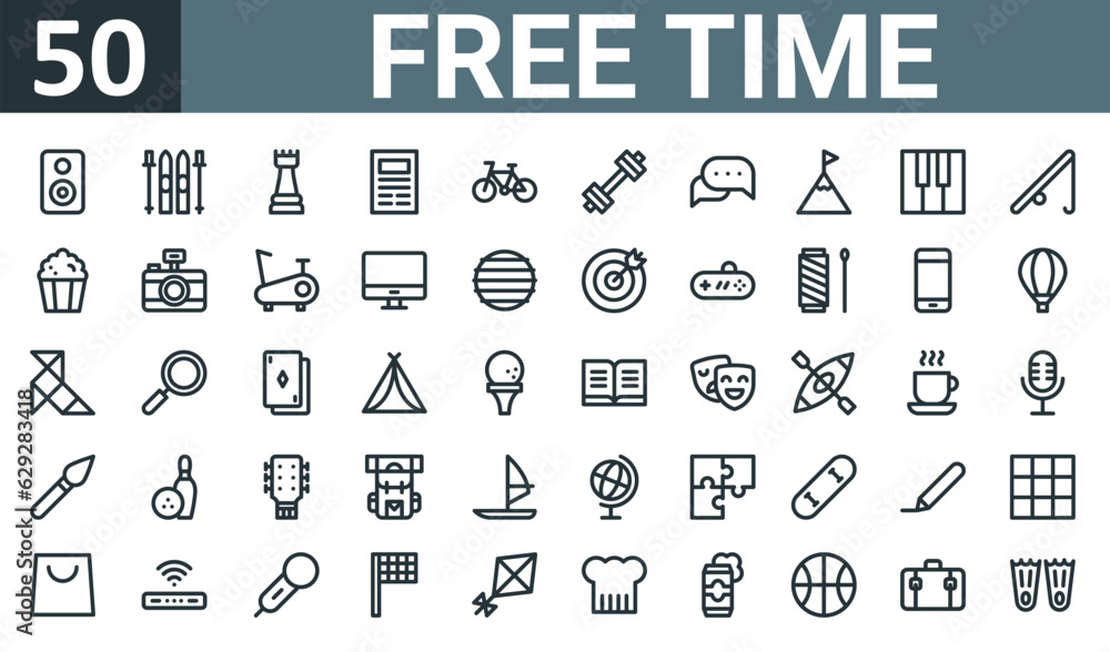 Vetor de set of 50 outline web free time icons such as speaker, skiing ...