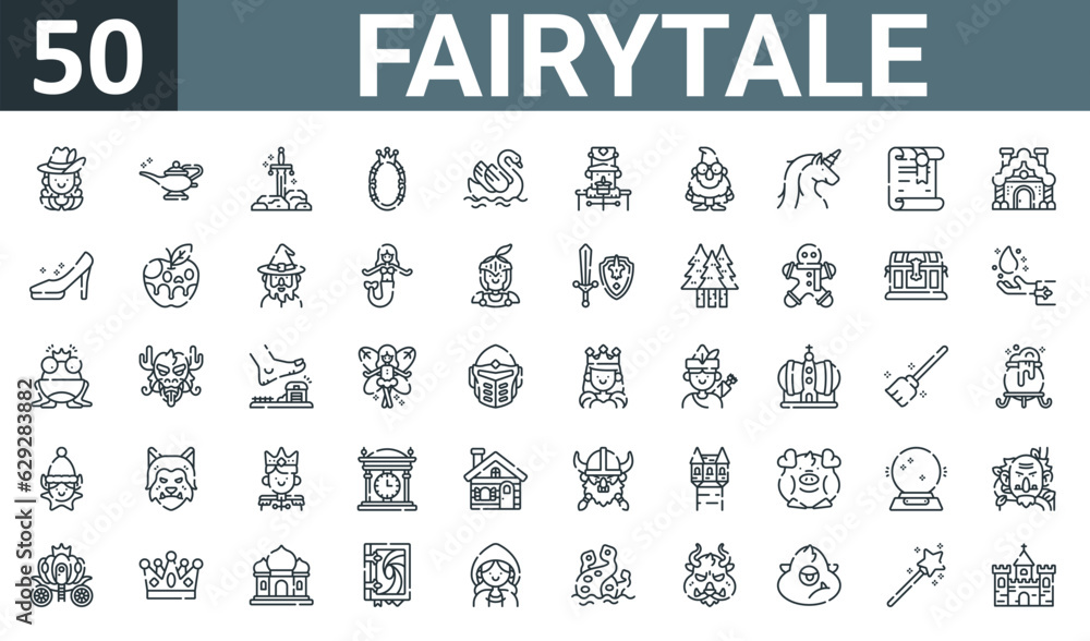 set of 50 outline web fairytale icons such as musketeer, magic lamp ...