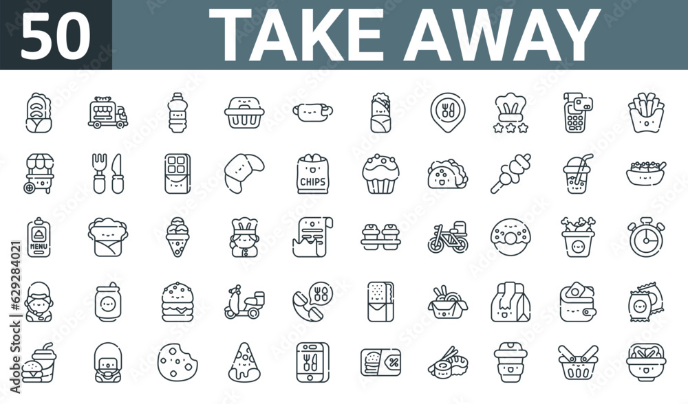 set of 50 outline web take away icons such as sandwich, food truck ...