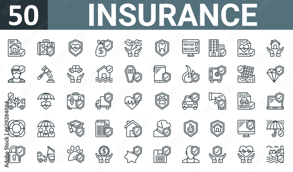set of 50 outline web insurance icons such as home insurance, travel ...