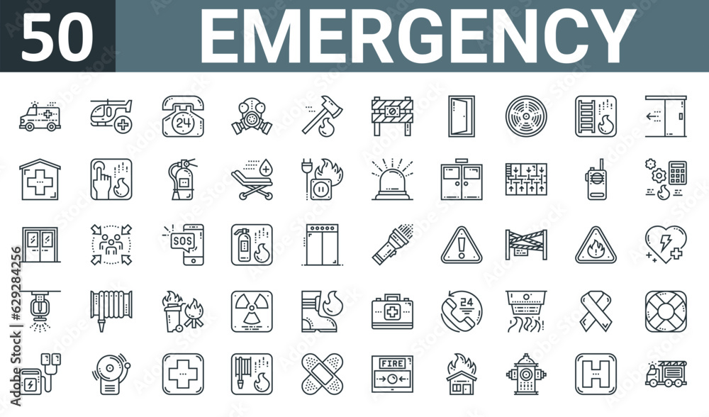 set of 50 outline web emergency icons such as ambulance, helicopter ...