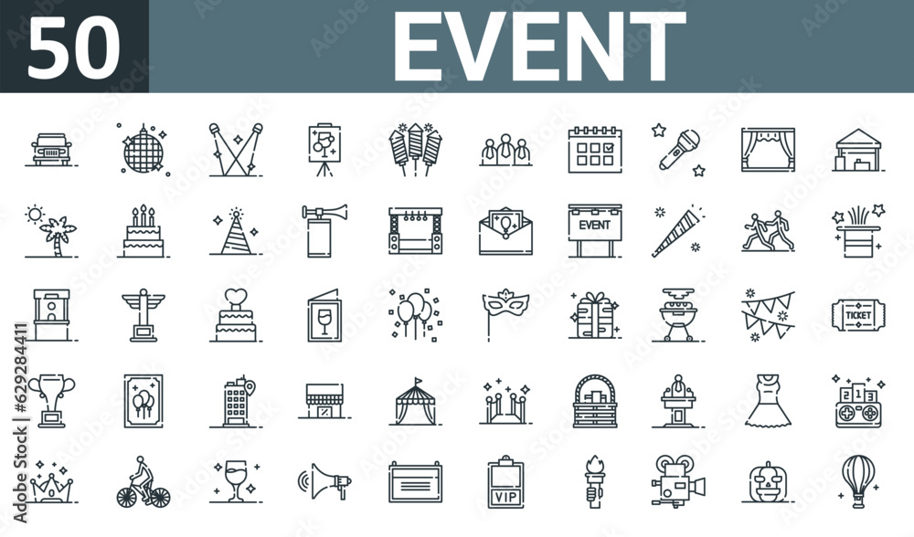 set of 50 outline web event icons such as car, disco ball, spotlight, art, firework, audience ...