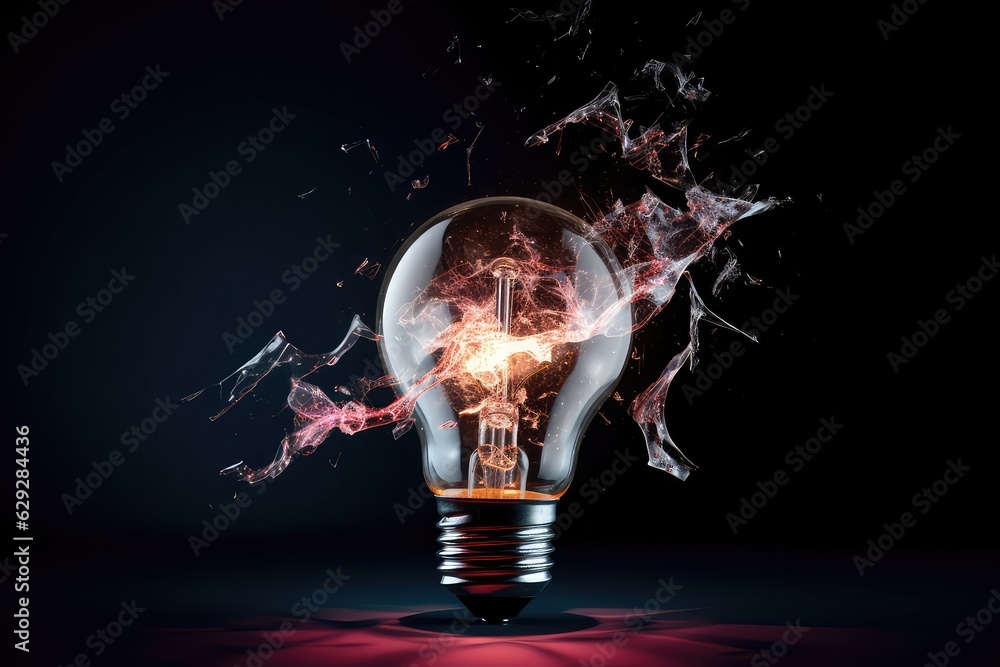 concept graphic of a bright lightbulb shattering with a dark background ...