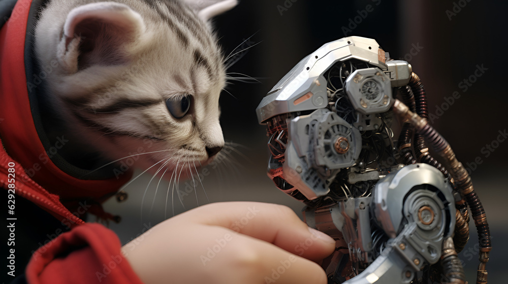 a artificial intelligence robo cat playing with a human baby, ultra ...