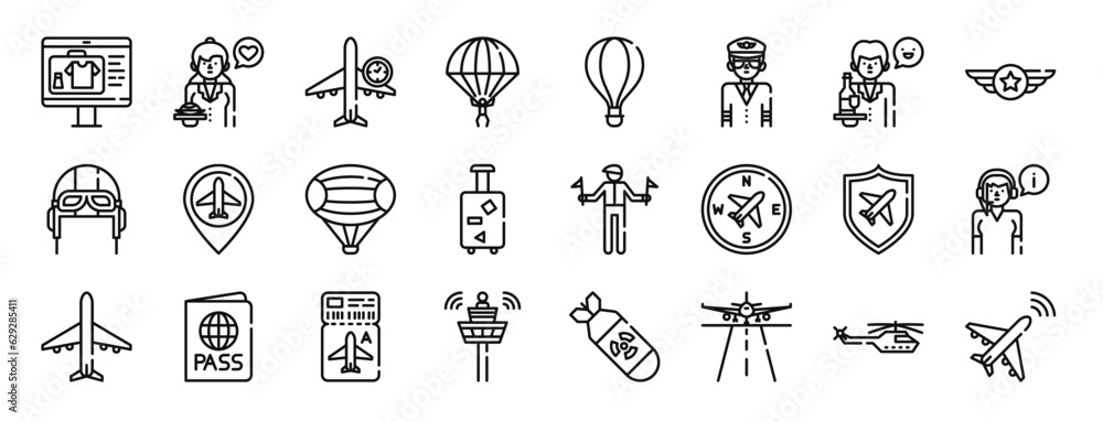 set of 24 outline web aviation icons such as scan, stewardess, flight ...