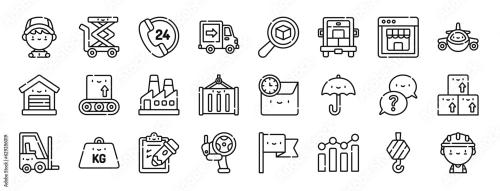 set of 24 outline web logistic icons such as delivery boy, lift, hours ...