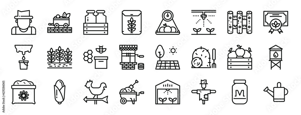 set of 24 outline web farm icons such as farmer, wheelbarrow, milk ...