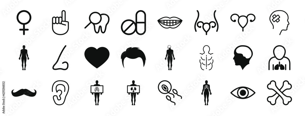 set of 24 outline web body parts icons such as female, hand gesture ...