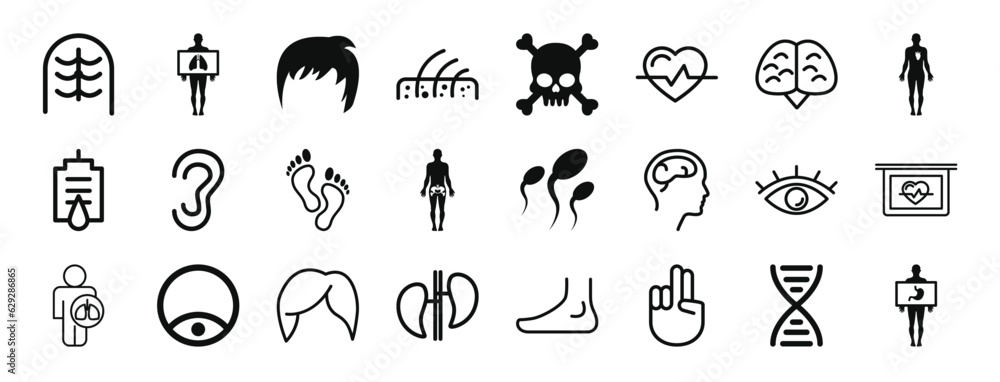 set of 24 outline web body parts icons such as couple of fingers, ribs ...