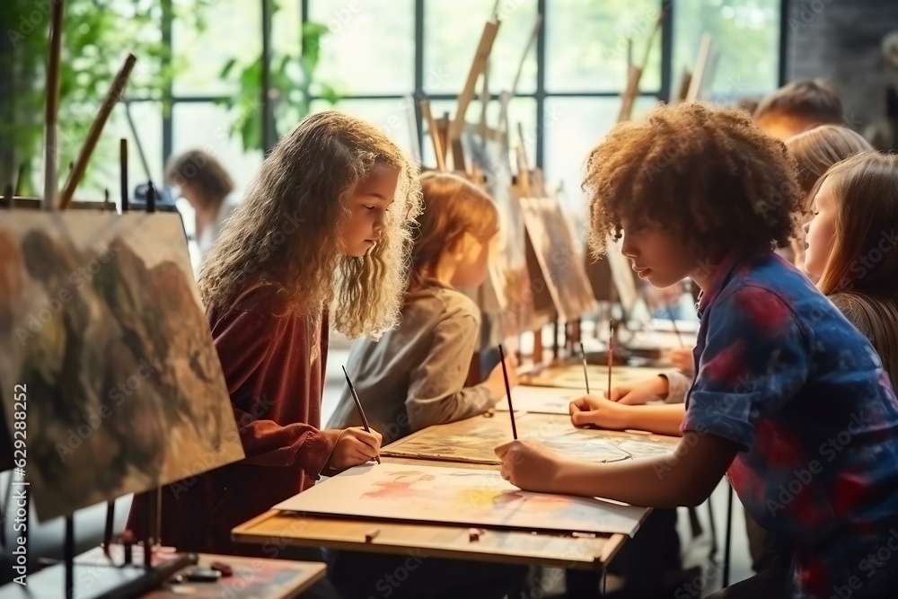 Group of kids drawing class in the Art School. Children painting. Stock ...