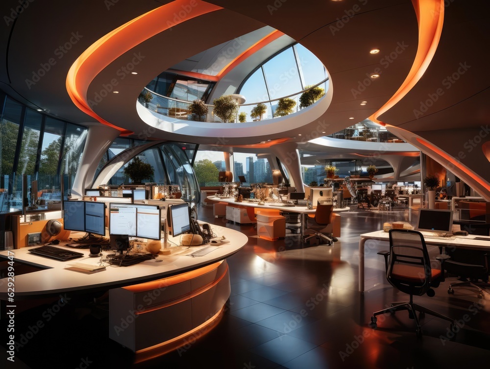 The futuristic office design showcases a vibrant open environment with ...