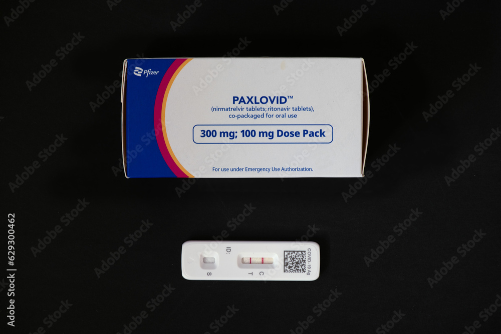Dvais, CA. 29 July 2023. Paxlovid box beside a Flowflex rapid COVID ...