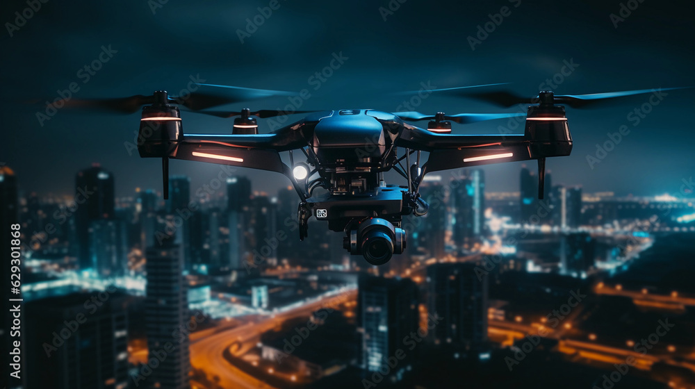 Drone hovering over an urban landscape at night, city lights, high ...