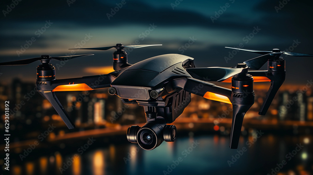 Drone hovering over an urban landscape at night, city lights, high ...