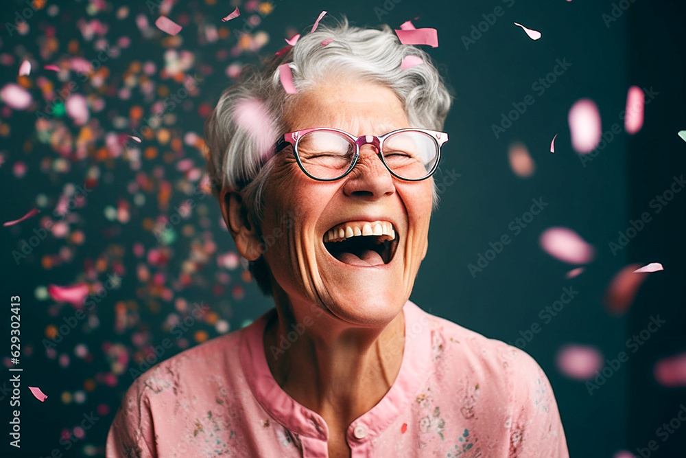Happy laughing senior woman granny grandmother with sun glasses and ...