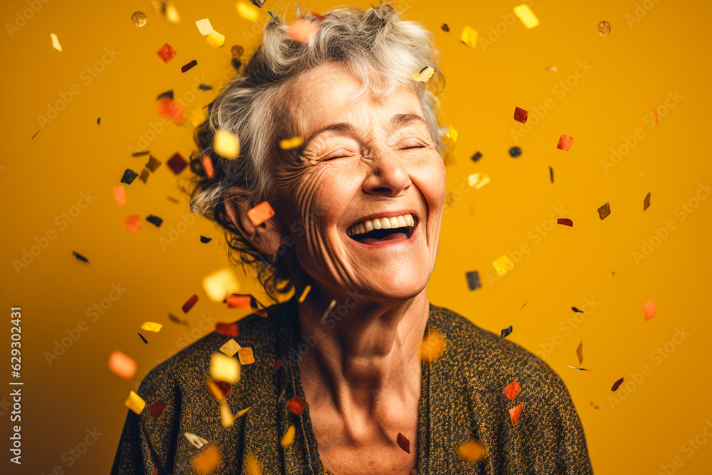 Happy laughing senior woman granny grandmother with sun glasses and ...
