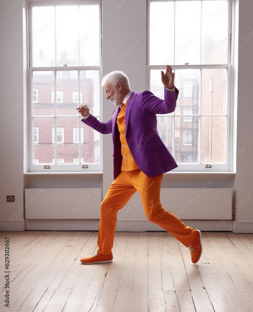 Grandfather dancing, celebrating on purple background. Senior man at a ...