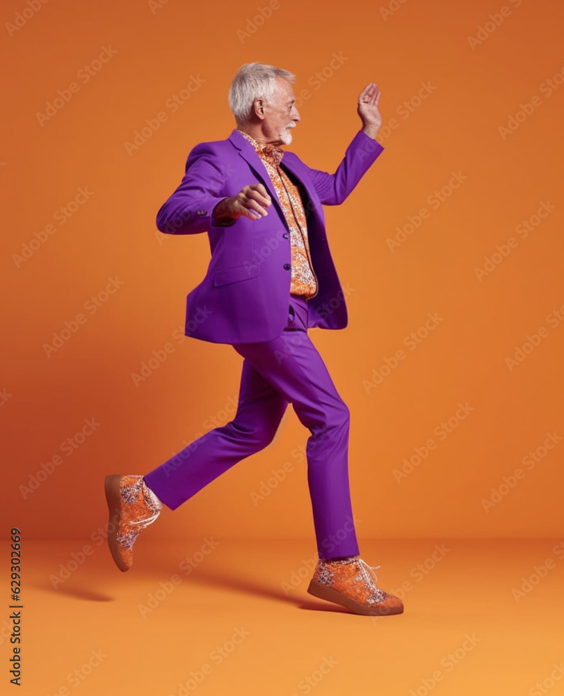 Grandfather dancing, celebrating on purple background. Senior man at a ...