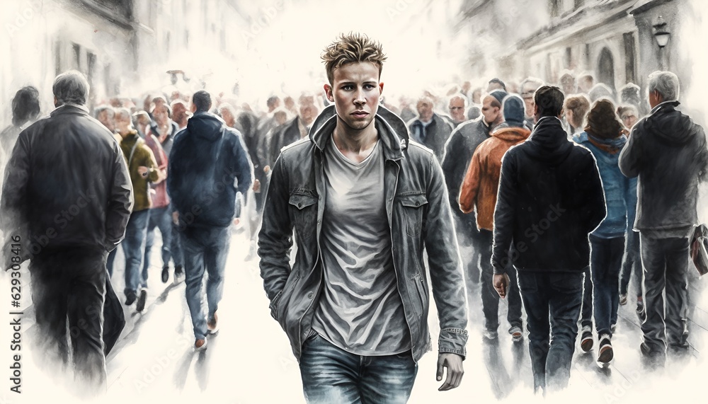 hand drawing of a carefree man walking among the people in a town ...