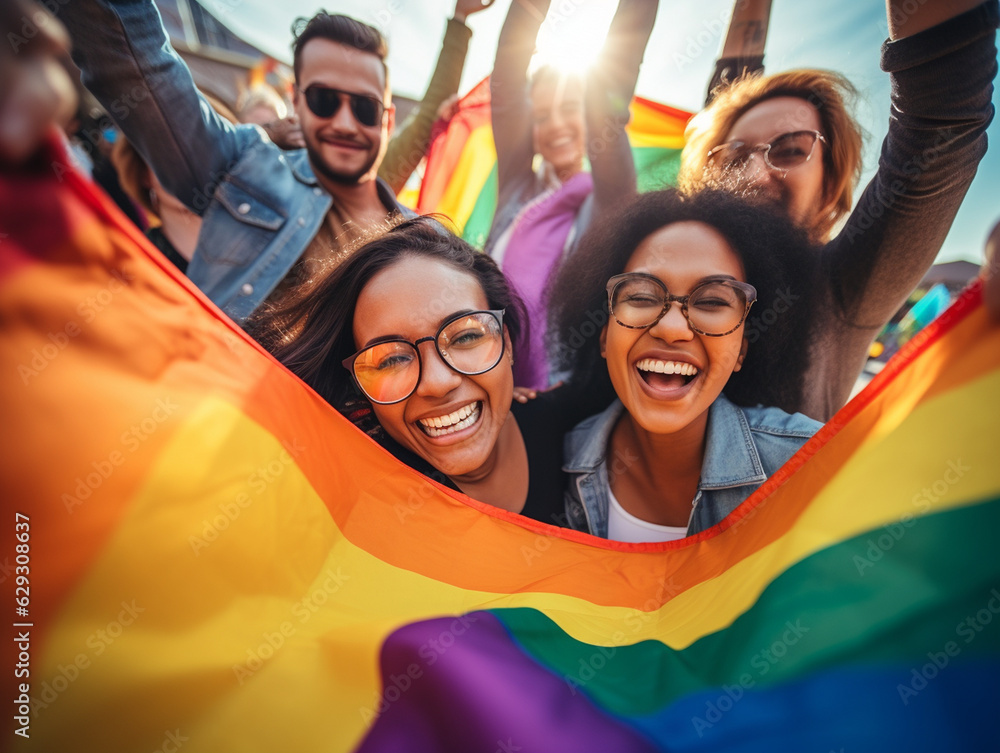 A group of people, regardless of gender, holding up rainbow flags ...