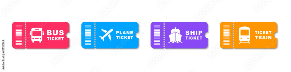 Bus, plane, ship and train ticket icon. Travel tickets for transport ...