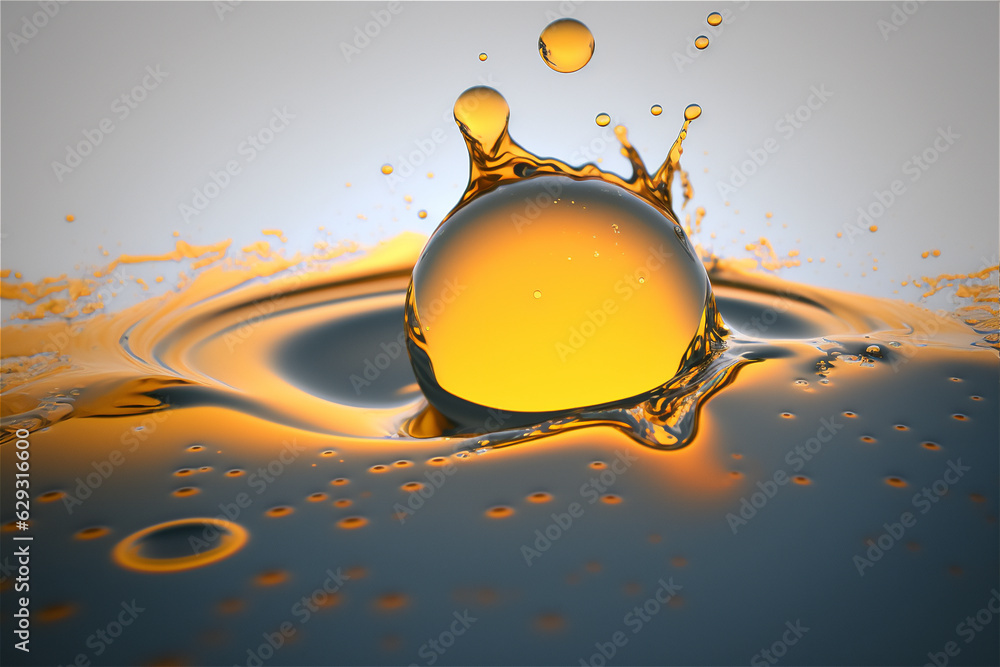 splashing oil over a light grey background, light orange and gold, pure ...
