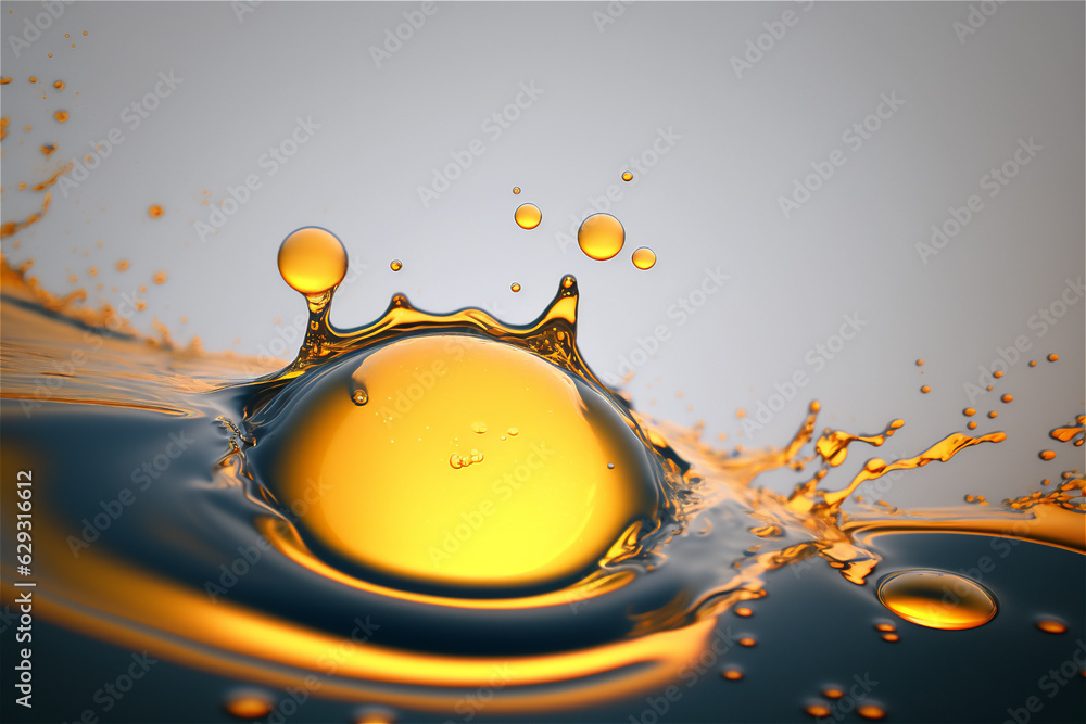 splashing oil over a light grey background, light orange and gold, pure ...
