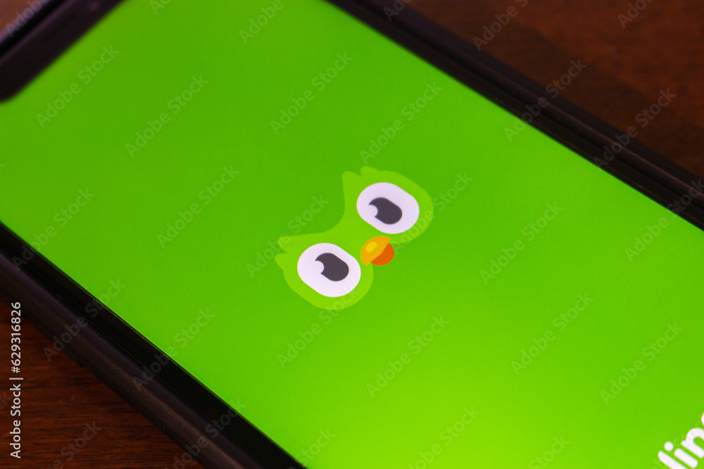 Vancouver, CANADA - Jul 20 2023 : Closeup iconic logo of Duolingo seen ...