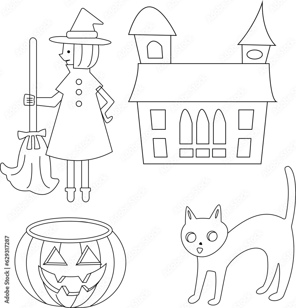 Outline Halloween clipart set contains a ghost, witch hat, cat, spider ...