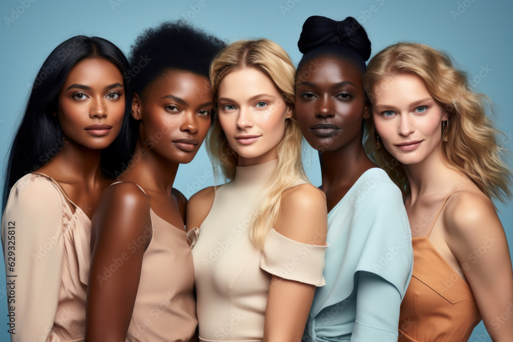A diverse group of beautiful women and friends of different races and ...