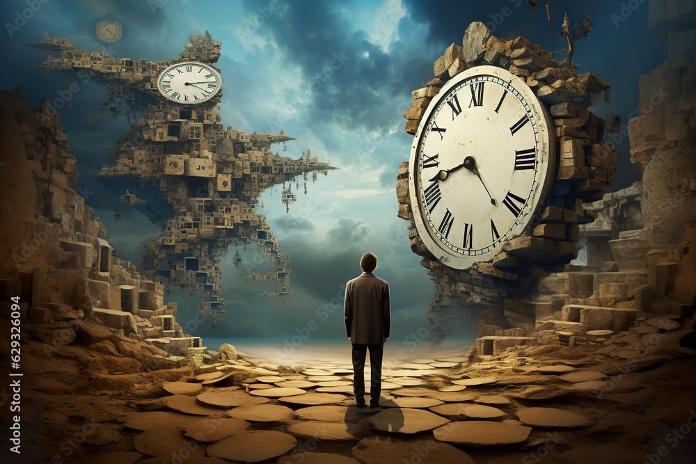 man standing in front of big clock, time spending and transience ...