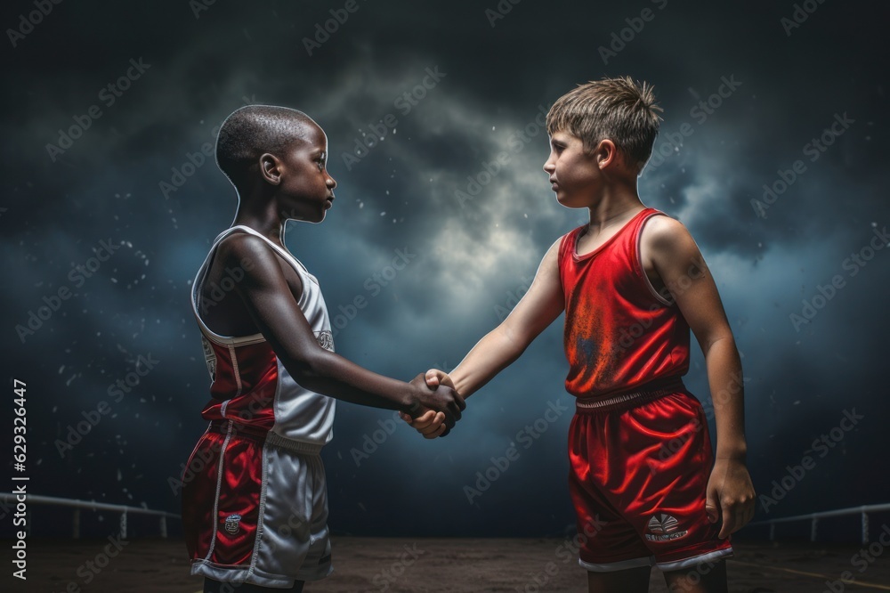 Two boys shaking hands on stadium background, as a concept of ...