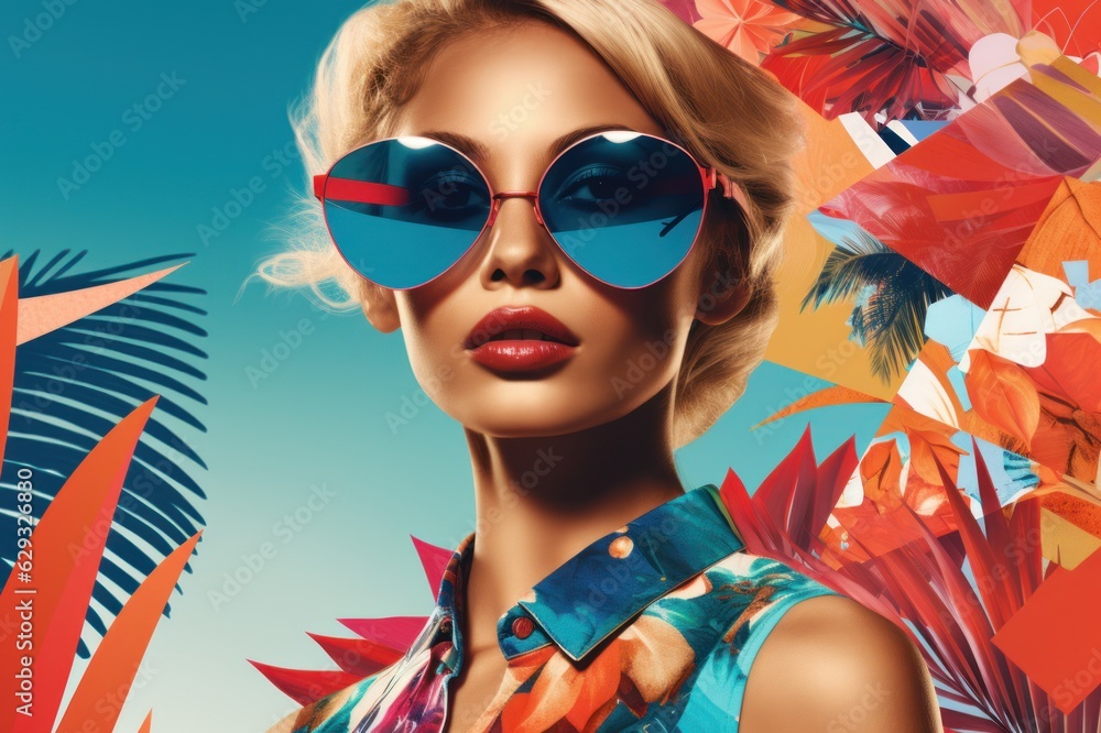 beautiful woman with sunglasses, Tropical photo collage, in the style ...