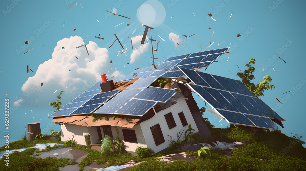 Solar panel on home roof sun system. Destroyed after the hurricane ...