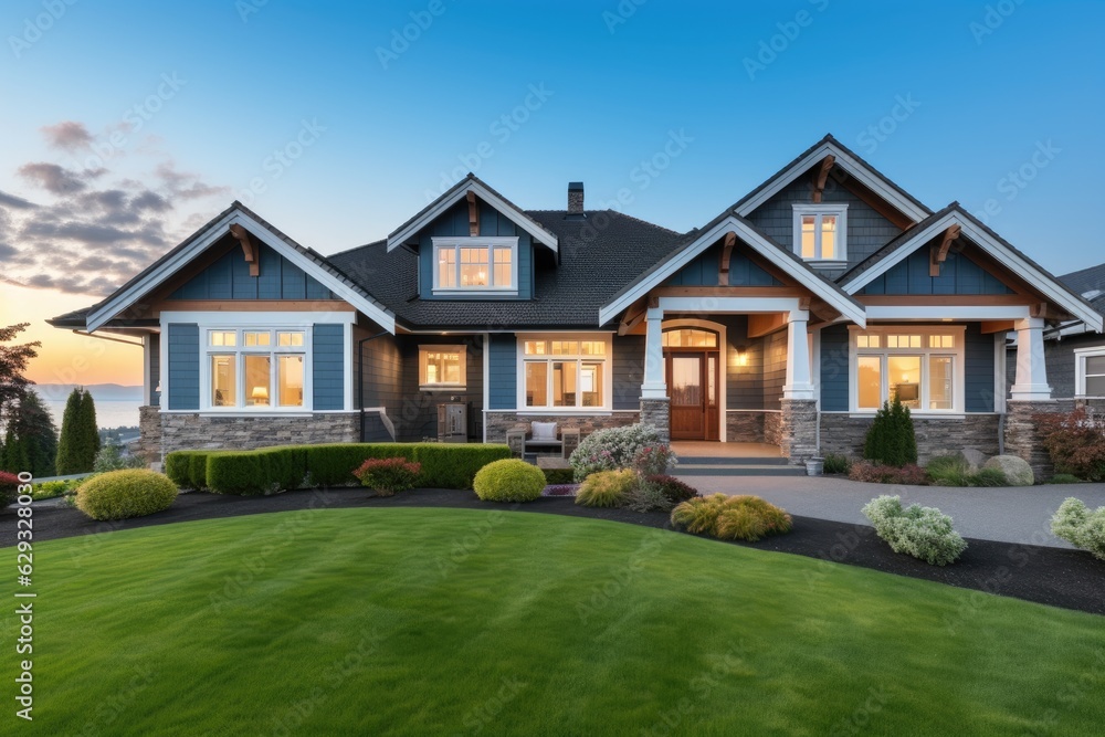 The front view of a newly built home is enhanced by a picturesque ...