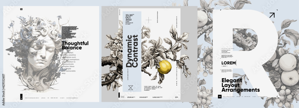 Ancient Greek painting and sculpture. Antique bust, branches with ...