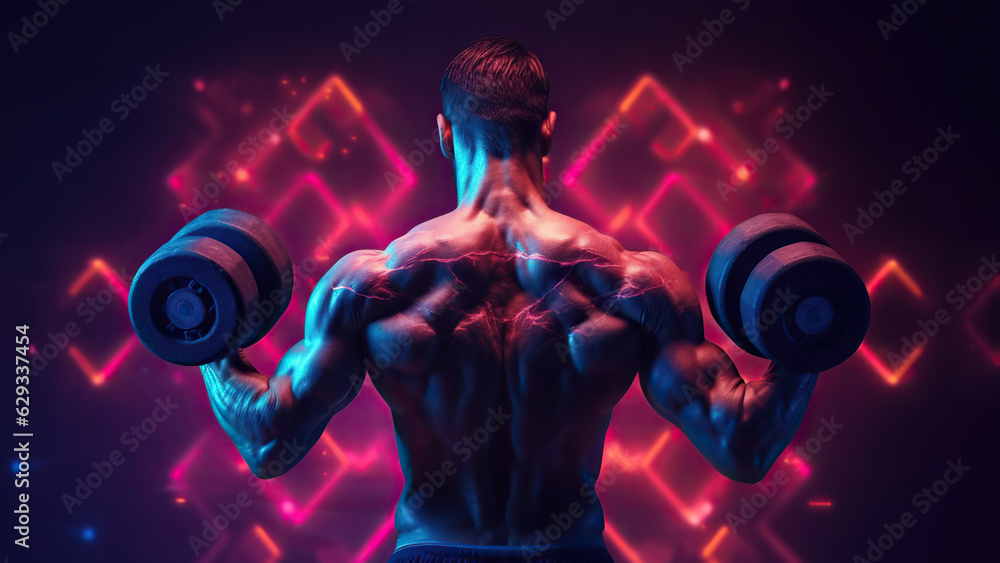 Strong bodybuilder with dumbbells showing biceps, muscular man in neon ...