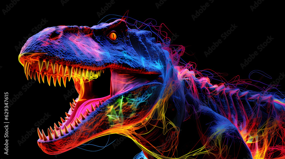 T-Rex Tyrannosaurus Rex Animal Plexus Neon Black Background Digital ...