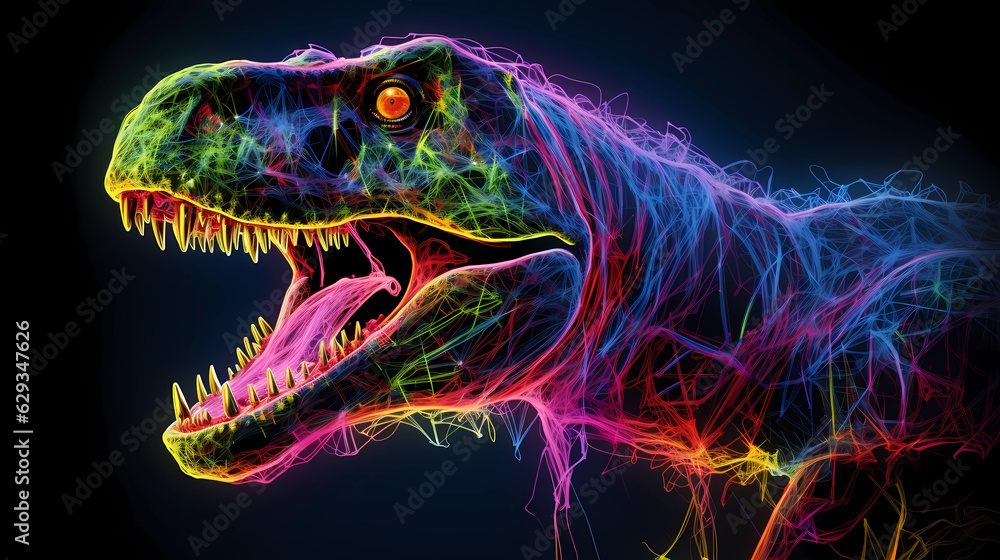 T-Rex Tyrannosaurus Rex Animal Plexus Neon Black Background Digital ...