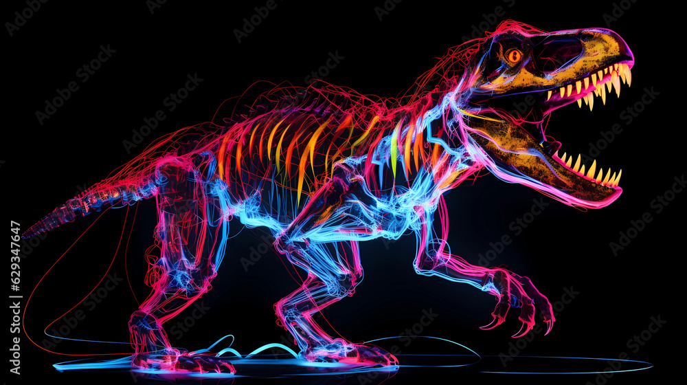 T-Rex Tyrannosaurus Rex Animal Plexus Neon Black Background Digital ...