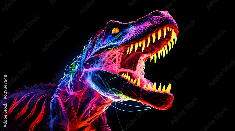 T-Rex Tyrannosaurus Rex Animal Plexus Neon Black Background Digital ...