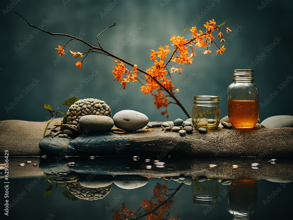 concetto olistico di benessere , oli essenziali in barattoli di vetro e ...