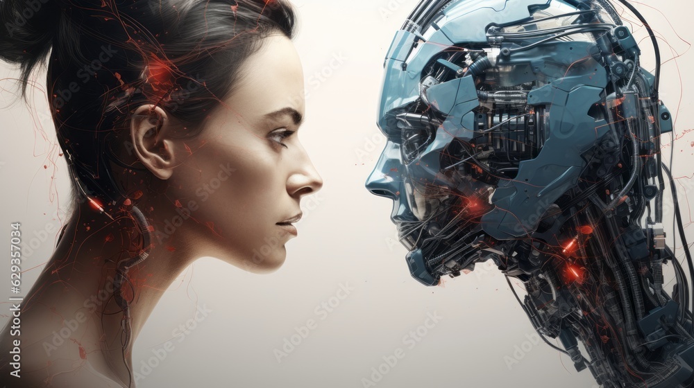 Human Vs Robot Artificial Intelligence. Woman and a robot standing side ...