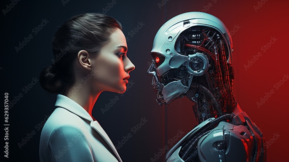 Human Vs Robot Artificial Intelligence. Woman and a robot standing side ... Human Vs Robot Artificial Intelligence. Woman and a robot standing side ...