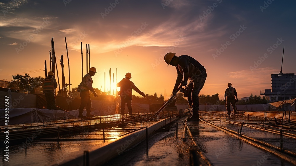 silhouette construction worker Concrete pouring during commercial ...