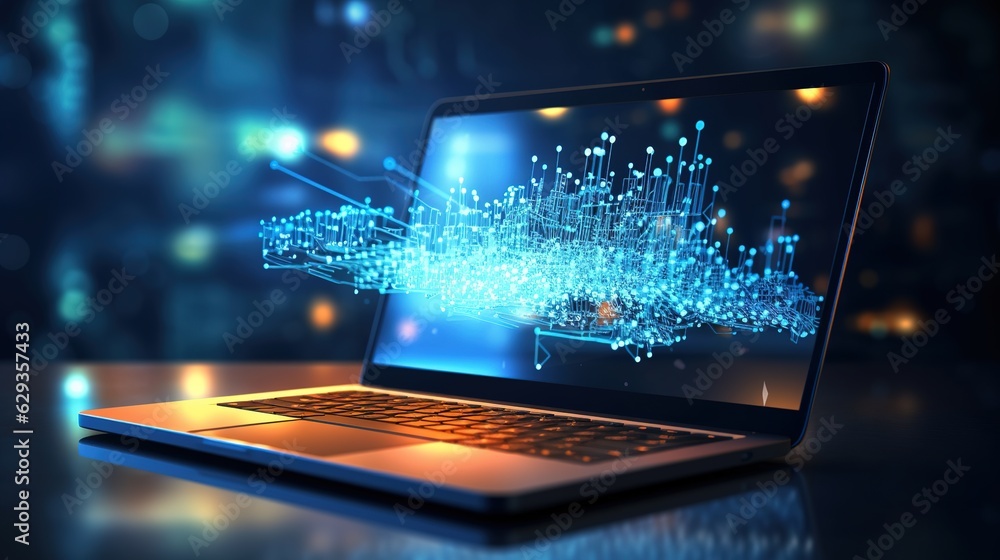 software, web development, programming concept. Abstract Laptop screen with programming language ...