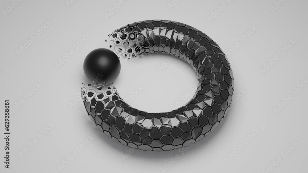 Vidéo Stock Looped 3d animation of an abstract composition. A torus, a ring of hexagonal ...